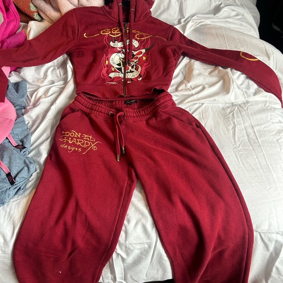 Ed Hardy | Pants & Jumpsuits | Ed Hardy Red Tracksuit With Gold Accents ...